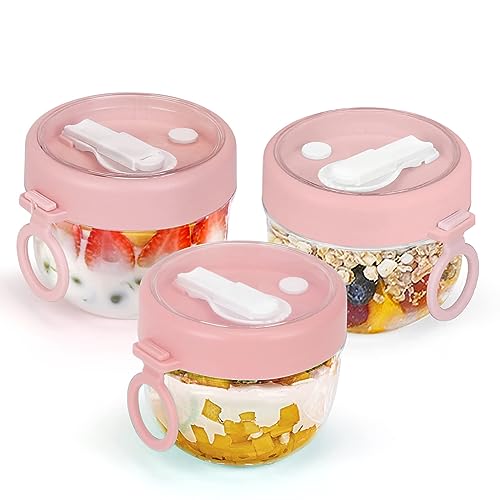 JACTZ Overnight Oat Containers with Lids and Spoons,20oz Overnight Oats Jars,Leakproof Dessert Cups for Yogurt Breakfast On The Go Cups,Oatmeal Container Snack Containers (3pink)