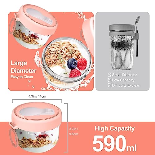 JACTZ Overnight Oat Containers with Lids and Spoons,20oz Overnight Oats Jars,Leakproof Dessert Cups for Yogurt Breakfast On The Go Cups,Oatmeal Container Snack Containers (3pink)