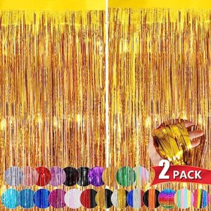 gold metallic tinsel foil fringe curtains, 2 pack 3.3x8.3 feet streamer backdrop curtains for birthday party decorations, halloween decor, foil curtain backdrop for bachelorette party