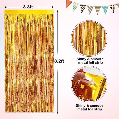 Gold Metallic Tinsel Foil Fringe Curtains, 2 Pack 3.3x8.3 Feet Streamer Backdrop Curtains for Birthday Party Decorations, Halloween Decor, Foil Curtain Backdrop for Bachelorette Party