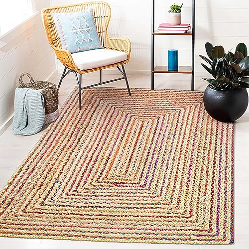 THRILRUG 4'x6'Boho Natural Braided Jute & Cotton Area Rug,Classic Braided Rug,Handmade Farmhouse, Multicolor Jute Rug Braided Reversible Cotton for Living Room,Indoor Outdoor Spaces