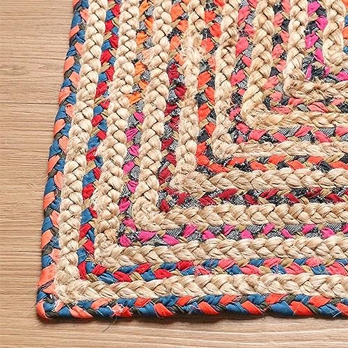 THRILRUG 4'x6'Boho Natural Braided Jute & Cotton Area Rug,Classic Braided Rug,Handmade Farmhouse, Multicolor Jute Rug Braided Reversible Cotton for Living Room,Indoor Outdoor Spaces