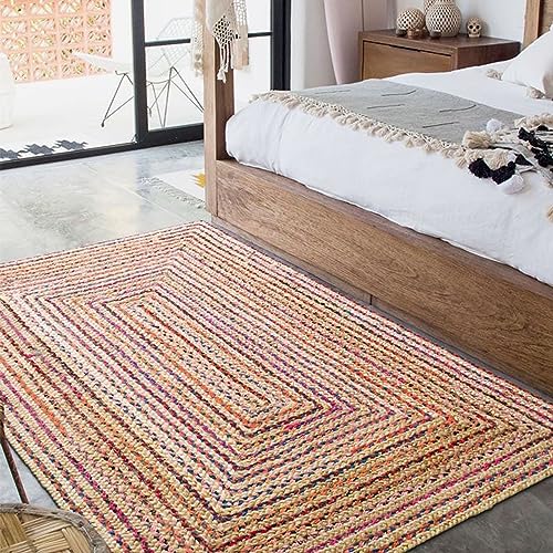 THRILRUG 4'x6'Boho Natural Braided Jute & Cotton Area Rug,Classic Braided Rug,Handmade Farmhouse, Multicolor Jute Rug Braided Reversible Cotton for Living Room,Indoor Outdoor Spaces