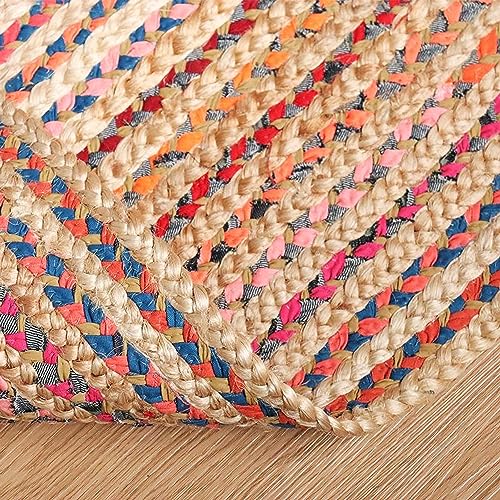 THRILRUG 4'x6'Boho Natural Braided Jute & Cotton Area Rug,Classic Braided Rug,Handmade Farmhouse, Multicolor Jute Rug Braided Reversible Cotton for Living Room,Indoor Outdoor Spaces