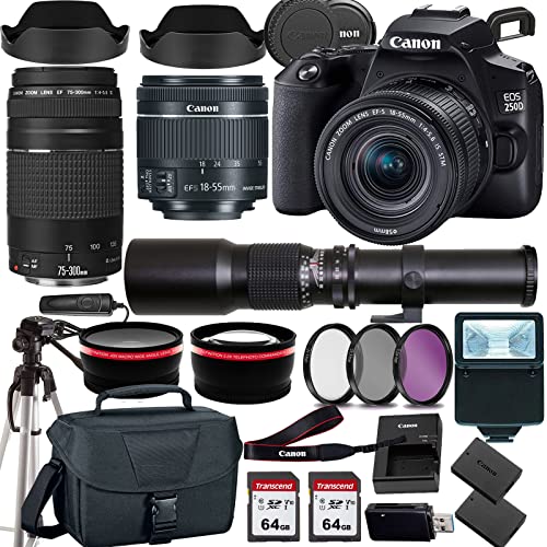 Canon EOS 250D / Rebel SL3 DSLR Camera w/Canon EF-S 18-55mm f/4-5.6 is STM Lens+Canon EF 75-300mm III Lens+500mm f/8.0 Telephoto Lens+case+128Memory Cards (24PC)