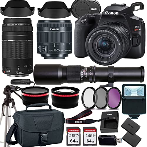 Canon Rebel SL3 / EOS 250D DSLR Camera w/Canon EF-S 18-55mm f/4-5.6 is STM Lens+Canon EF 75-300mm III Lens+500mm f/8.0 Telephoto Lens+case+128Memory Cards (24PC)