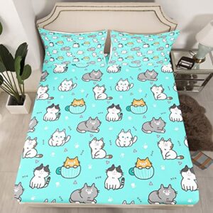 erosebridal kawaii cats bed sheets cartoon animal fitted sheet queen size, orange gray kitten sheets cute pet bedding, teal bed cover cat lovers gifts for women men, microfiber 3pcs (deep pocket)