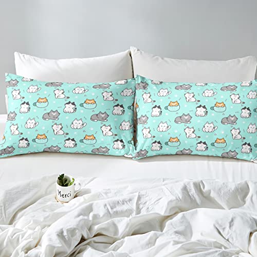 Erosebridal Kawaii Cats Bed Sheets Cartoon Animal Fitted Sheet Queen Size, Orange Gray Kitten Sheets Cute Pet Bedding, Teal Bed Cover Cat Lovers Gifts for Women Men, Microfiber 3pcs (Deep Pocket)