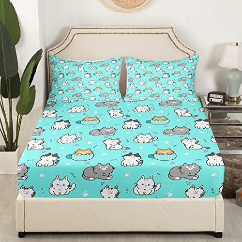 Erosebridal Kawaii Cats Bed Sheets Cartoon Animal Fitted Sheet Queen Size, Orange Gray Kitten Sheets Cute Pet Bedding, Teal Bed Cover Cat Lovers Gifts for Women Men, Microfiber 3pcs (Deep Pocket)