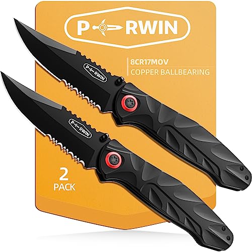 PERWIN Pocket Knife 2 Packs, EDC Knife with 3.1" 8Cr17MoV Blade and Aluminum Handle Small Pocket Knives for Camping Fishing Hiking