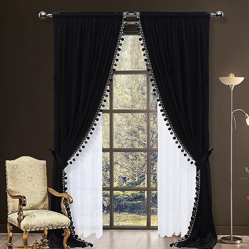 JORSEYSCUR Luxurious Blackout Curtains for Living Room Soft Velvet Pom Pom Curtains for Bedroom,Room Darking Window Drapes,Christmas Decorative, Rod Pocket Top,Set of 2 Panels，Pure Black (52W×84L)×2