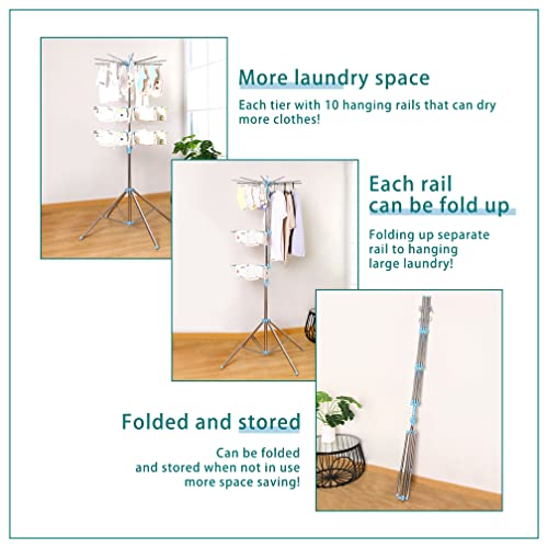 Hershii 3 Tiers Clothes Drying Rack Collapsible Indoor Outdoor Garment Airer Stand Folding Laundry Hanger Organizer Space Saving with Towels Bars and Clothespins, 43.3-66.92inches High