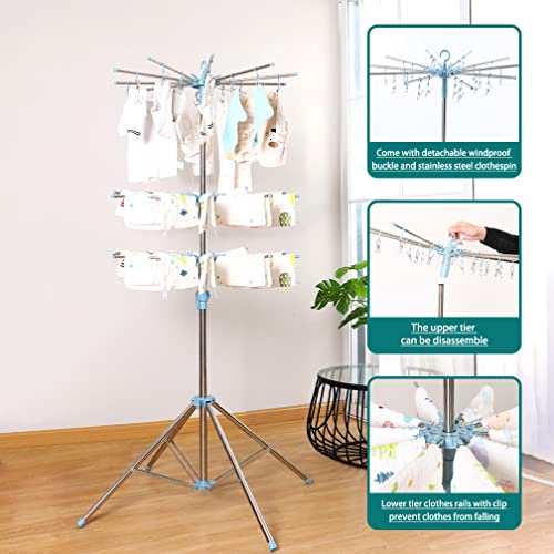 Hershii 3 Tiers Clothes Drying Rack Collapsible Indoor Outdoor Garment Airer Stand Folding Laundry Hanger Organizer Space Saving with Towels Bars and Clothespins, 43.3-66.92inches High