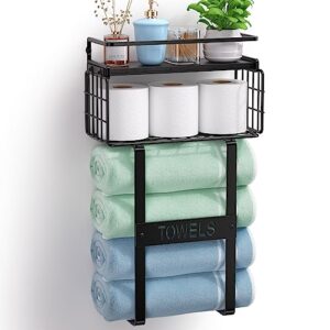 herehomi floating shelves for wall, 2 in 1 floating shelves with towel racks for bathroom, bathroom shelf wall shelf towel rack, bathroom towel holder bathroom shelf organizer wall mounted, black