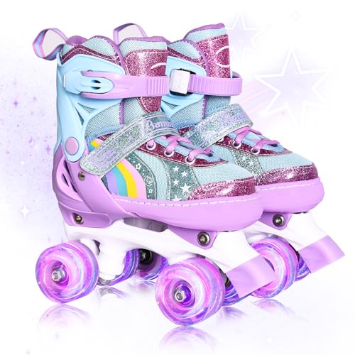 Roller Skates for Girls Age 3-12 | Rainbow Toddler Roller Skates for Kids Ages 3-5 | 4 Size Adjustable | Light Up Quad Roller Skates for Girls Boys Beginners, Birthday Gift for Outdoor Sports - XS