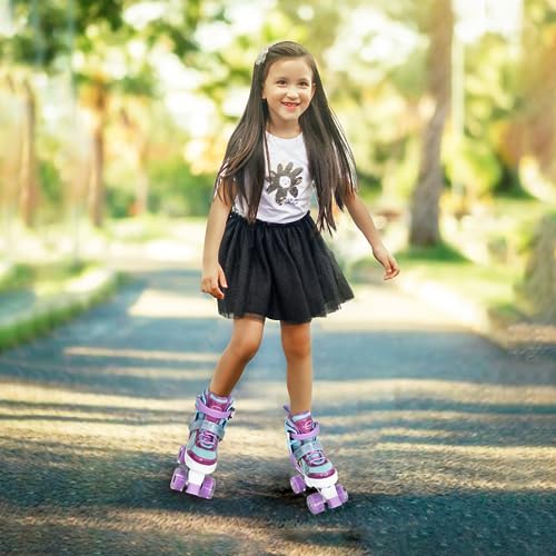 Roller Skates for Girls Age 3-12 | Rainbow Toddler Roller Skates for Kids Ages 3-5 | 4 Size Adjustable | Light Up Quad Roller Skates for Girls Boys Beginners, Birthday Gift for Outdoor Sports - XS