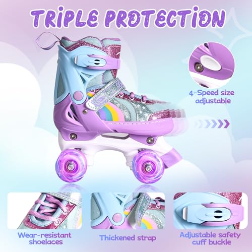 Roller Skates for Girls Age 3-12 | Rainbow Toddler Roller Skates for Kids Ages 3-5 | 4 Size Adjustable | Light Up Quad Roller Skates for Girls Boys Beginners, Birthday Gift for Outdoor Sports - XS