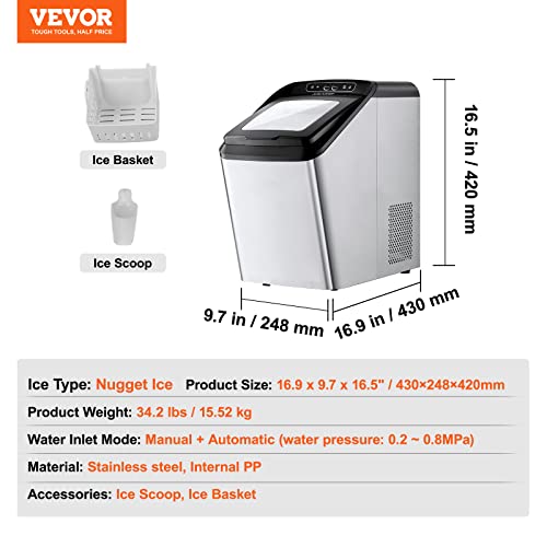 VEVOR Nugget Ice Maker, 30lbs in 24 Hrs, Countertop Nugget Ice Maker with 3Qt Reservoir, Manual & Auto Refill Self Cleaning Sonic Pebble Ice Maker for Home Office Party RV