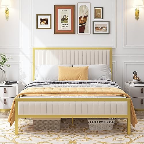 CIKUNASI Gold Queen Bed Frame, Upholstered Bed Frame with Velvet Headboard Footboard Heavy Duty Bed Frame with LED Lights/No Box Spring Needed/Easy Assembly