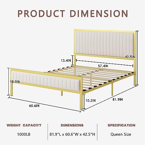 CIKUNASI Gold Queen Bed Frame, Upholstered Bed Frame with Velvet Headboard Footboard Heavy Duty Bed Frame with LED Lights/No Box Spring Needed/Easy Assembly