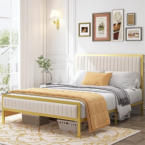 CIKUNASI Gold Queen Bed Frame, Upholstered Bed Frame with Velvet Headboard Footboard Heavy Duty Bed Frame with LED Lights/No Box Spring Needed/Easy Assembly