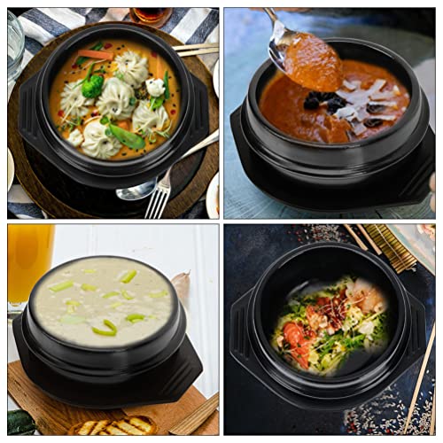 1 Set Korean Pot Ceramic Dolsot Bibimbap Pot Earthenware Bowl Cooking Soup Pot with Lid and Trivet Sizzling Hot Pot Casserole Dish for Korean Soup Food Black