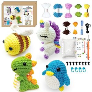 tgiqrove crochet kit for beginners, 4pcs animal crochet kit for adults include videos tutorials, yarn, eyes, stuffing, crochet hook, instructions, kids boys girls birthday gifts