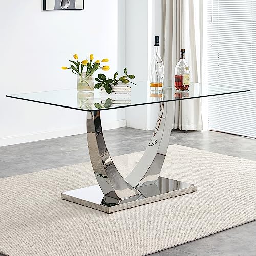 63" Glass Dining Table for 4 to 6 People, Modern Minimalist Kitchen Table with Tempered Glass Tabletop and Metal Base, Large Rectangle Dining Room Table for Kitchen Dining Living Meeting Room