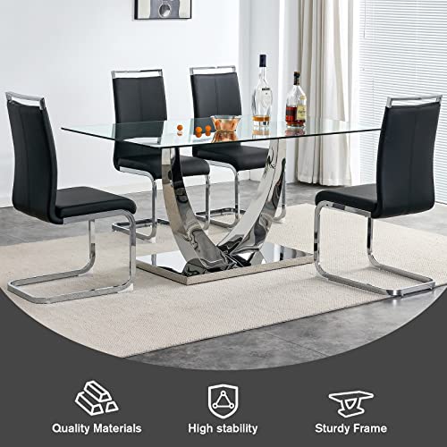 63" Glass Dining Table for 4 to 6 People, Modern Minimalist Kitchen Table with Tempered Glass Tabletop and Metal Base, Large Rectangle Dining Room Table for Kitchen Dining Living Meeting Room