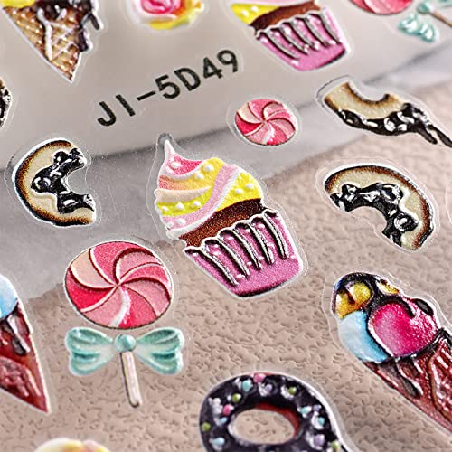 JMEOWIO 3D Embossed Cute Nail Stickers For Kids Nail Art Stickers Decals Self-Adhesive Pegatinas Uñas 5D Cake Nail Supplies Nail Art Design Decoration Accessories 4 Sheets