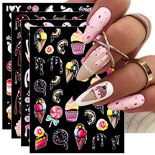 JMEOWIO 3D Embossed Cute Nail Stickers For Kids Nail Art Stickers Decals Self-Adhesive Pegatinas Uñas 5D Cake Nail Supplies Nail Art Design Decoration Accessories 4 Sheets