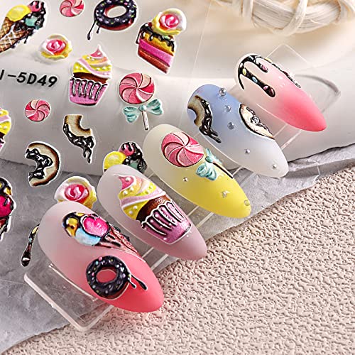 JMEOWIO 3D Embossed Cute Nail Stickers For Kids Nail Art Stickers Decals Self-Adhesive Pegatinas Uñas 5D Cake Nail Supplies Nail Art Design Decoration Accessories 4 Sheets