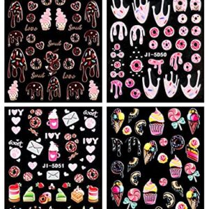 JMEOWIO 3D Embossed Cute Nail Stickers For Kids Nail Art Stickers Decals Self-Adhesive Pegatinas Uñas 5D Cake Nail Supplies Nail Art Design Decoration Accessories 4 Sheets