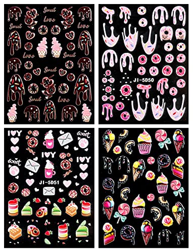 JMEOWIO 3D Embossed Cute Nail Stickers For Kids Nail Art Stickers Decals Self-Adhesive Pegatinas Uñas 5D Cake Nail Supplies Nail Art Design Decoration Accessories 4 Sheets