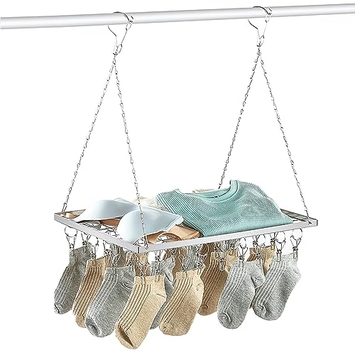 WudTus Clothes Drying Rack with Basket,18 Clips Stainless Steel Laundry Drying Rack Sock Hanger,Windproof Clothes Rack for Drying Socks,Bras,Shoes,Towel,Hat,Scarf