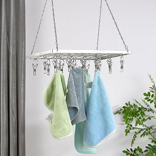 WudTus Clothes Drying Rack with Basket,18 Clips Stainless Steel Laundry Drying Rack Sock Hanger,Windproof Clothes Rack for Drying Socks,Bras,Shoes,Towel,Hat,Scarf