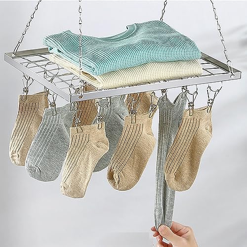 WudTus Clothes Drying Rack with Basket,18 Clips Stainless Steel Laundry Drying Rack Sock Hanger,Windproof Clothes Rack for Drying Socks,Bras,Shoes,Towel,Hat,Scarf