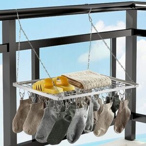 WudTus Clothes Drying Rack with Basket,18 Clips Stainless Steel Laundry Drying Rack Sock Hanger,Windproof Clothes Rack for Drying Socks,Bras,Shoes,Towel,Hat,Scarf