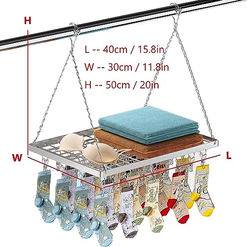 WudTus Clothes Drying Rack with Basket,18 Clips Stainless Steel Laundry Drying Rack Sock Hanger,Windproof Clothes Rack for Drying Socks,Bras,Shoes,Towel,Hat,Scarf