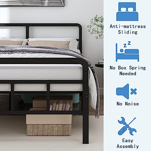 HOBINCHE Full Size Metal Bed Frame with Headboard and Footboard, 14 Inch Black Heavy Duty Mattress Foundation with Steel Slat Support, No Box Spring Needed,Noise Free