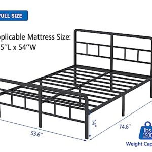 HOBINCHE Full Size Metal Bed Frame with Headboard and Footboard, 14 Inch Black Heavy Duty Mattress Foundation with Steel Slat Support, No Box Spring Needed,Noise Free