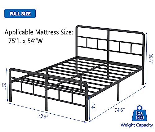 HOBINCHE Full Size Metal Bed Frame with Headboard and Footboard, 14 Inch Black Heavy Duty Mattress Foundation with Steel Slat Support, No Box Spring Needed,Noise Free