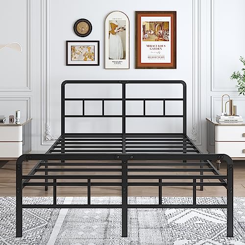 HOBINCHE Full Size Metal Bed Frame with Headboard and Footboard, 14 Inch Black Heavy Duty Mattress Foundation with Steel Slat Support, No Box Spring Needed,Noise Free