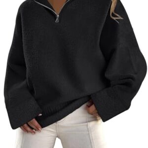 LILLUSORY Women's Black Oversized Quarter Half Zip Up Pullover Sweaters 2023 Fall Cashmere Fuzzy Knit Chunky Warm Light Lightweight Trendy Clothes Outfits