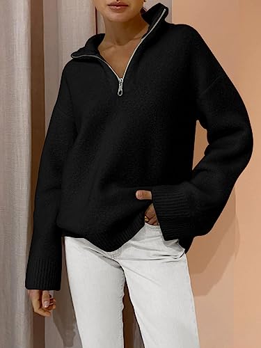 LILLUSORY Women's Black Oversized Quarter Half Zip Up Pullover Sweaters 2023 Fall Cashmere Fuzzy Knit Chunky Warm Light Lightweight Trendy Clothes Outfits