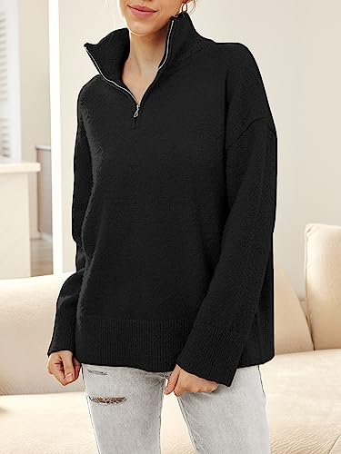 LILLUSORY Women's Black Oversized Quarter Half Zip Up Pullover Sweaters 2023 Fall Cashmere Fuzzy Knit Chunky Warm Light Lightweight Trendy Clothes Outfits