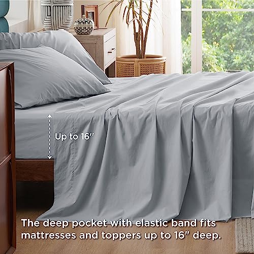 Bedsure 100% Cotton Sheets Queen Size - Soft Percale Sheets, 4 Pieces Grey Sheet Set, Breathable Cooling Queen Sheets, Cotton Bed Sheets with Deep Pocket Up to 16", Bedding Sheets & Pillowcases