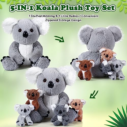 Lenwen 5 Pcs Koala Bear Stuffed Animal Set 12.6 Inch Mommy Koala Plush with 4 Cute Babies in Her Zippered Tummy Soft Cuddly Nursery Koala Plushie for Boys Girls Birthday Baby Shower Party Favor Gifts