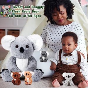 Lenwen 5 Pcs Koala Bear Stuffed Animal Set 12.6 Inch Mommy Koala Plush with 4 Cute Babies in Her Zippered Tummy Soft Cuddly Nursery Koala Plushie for Boys Girls Birthday Baby Shower Party Favor Gifts