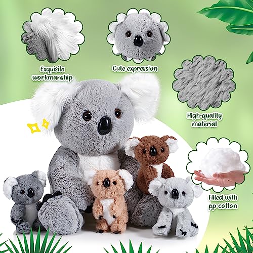 Lenwen 5 Pcs Koala Bear Stuffed Animal Set 12.6 Inch Mommy Koala Plush with 4 Cute Babies in Her Zippered Tummy Soft Cuddly Nursery Koala Plushie for Boys Girls Birthday Baby Shower Party Favor Gifts